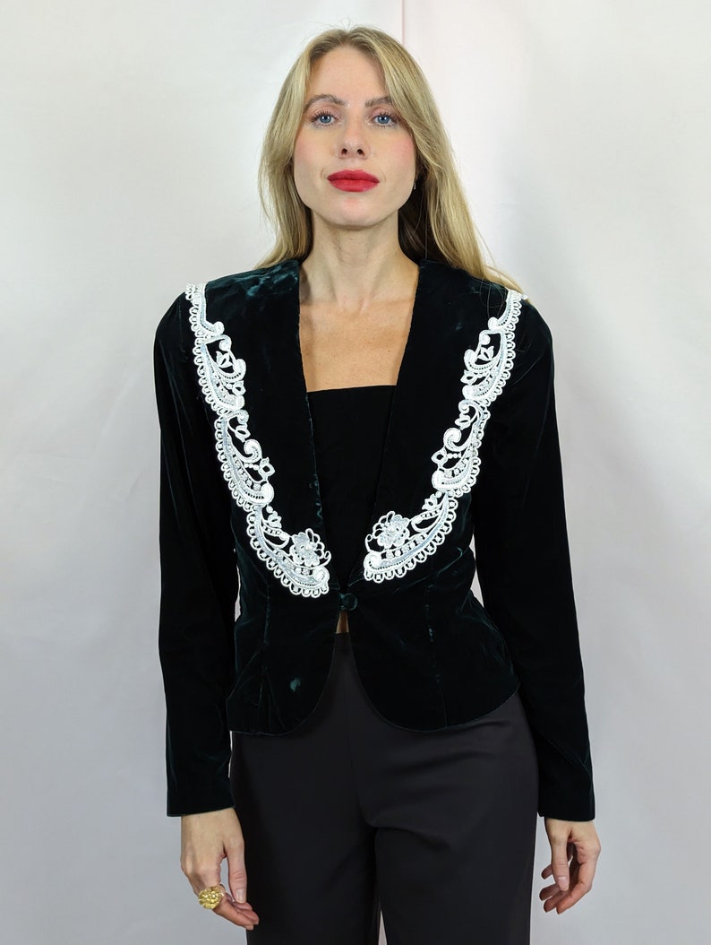90s Vintage Elegant Bottle Green Velvety Blazer With Rich Embroidered ...