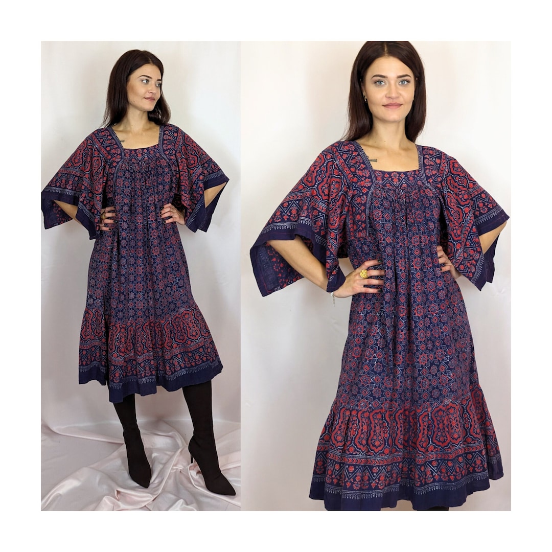 70s Vintage Hippie Butterfly Sleeve Boho Midi Dress/ A Line/ Paisley ...