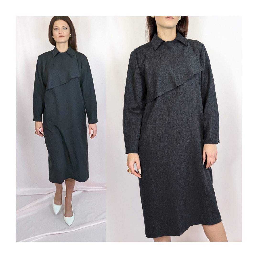 80s Vintage 100% Wool St Michael Midi Grey Dress/ Long Sleeve/ Collared ...