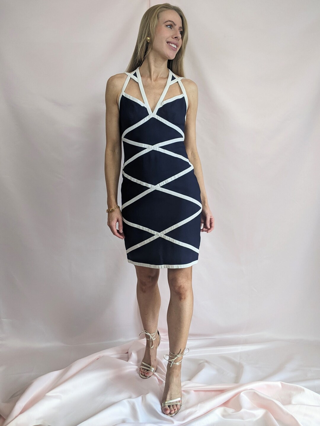 RARE True Vintage 1990s Navy + White Viscose and Linen Bodycon Mini ...