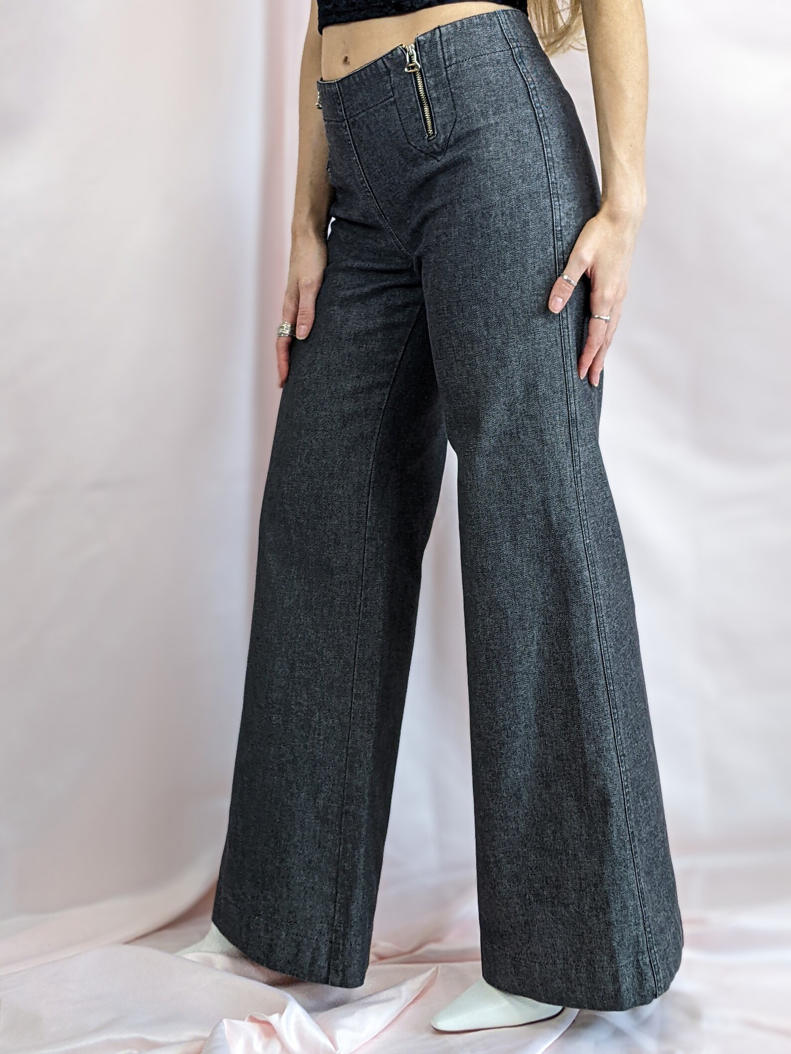 True Vintage 2000s Y2K Byblos Grey Flared Jeans Mid Rise With Front ...