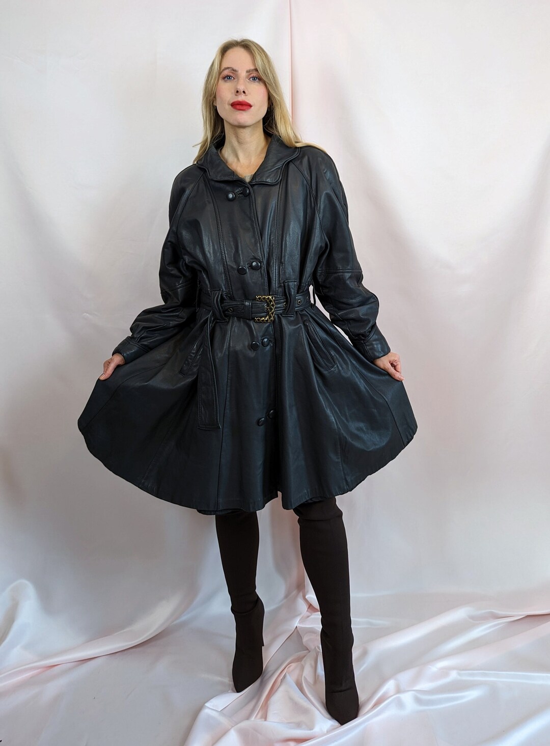 True Vintage 1990s 100% Leather Black Mid Length Coat With Matching ...