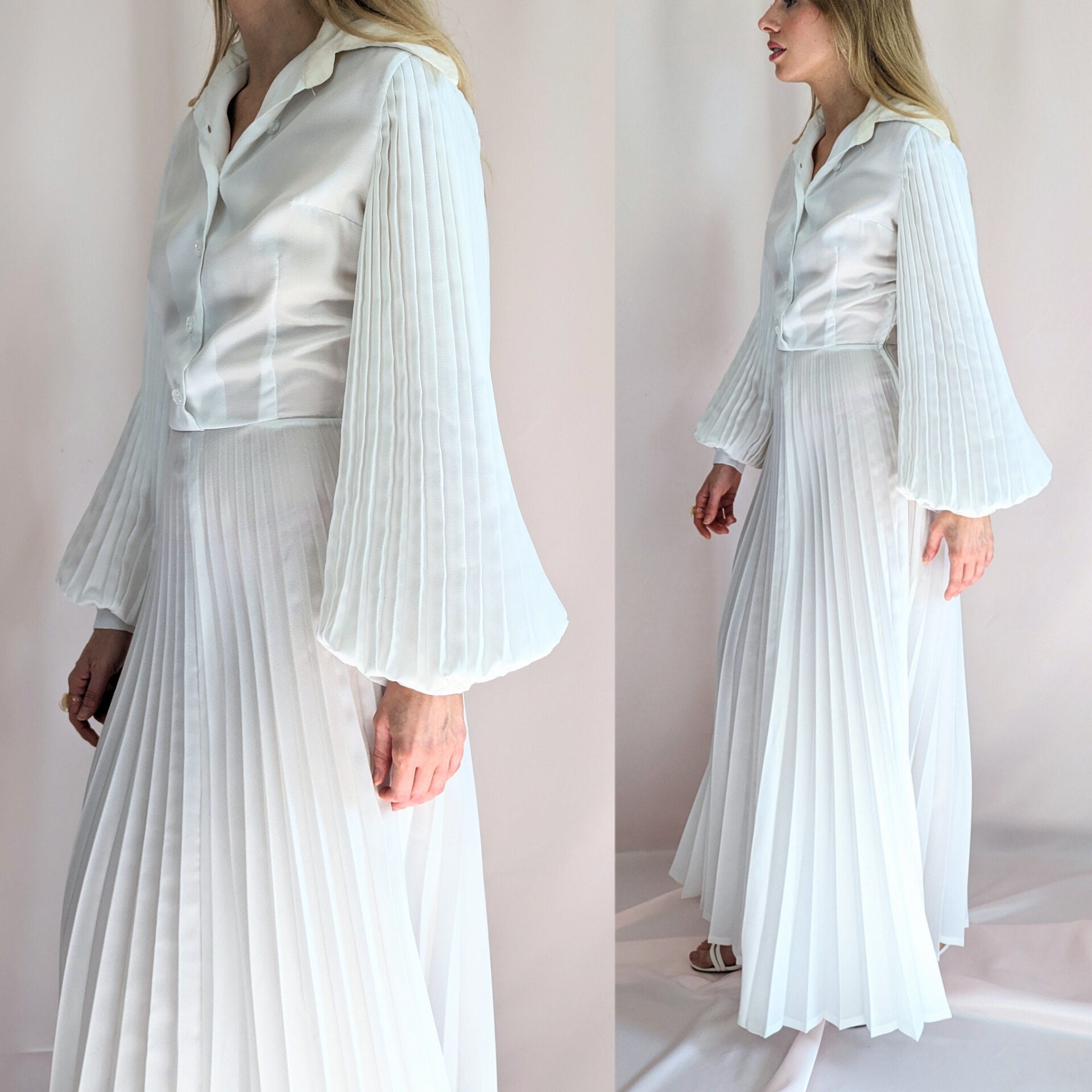 70s Vintage White Maxi Pleated Hostess Dress/ Long Bishop - Etsy