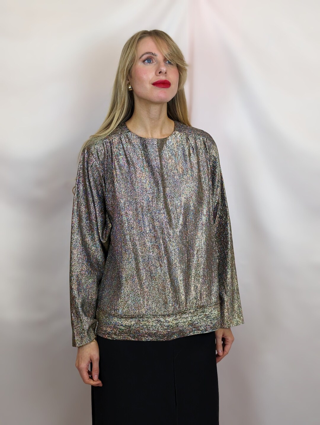 True Vintage 1980s Shiny Metallic Silver Batwing Blouse Minimalist Chic ...