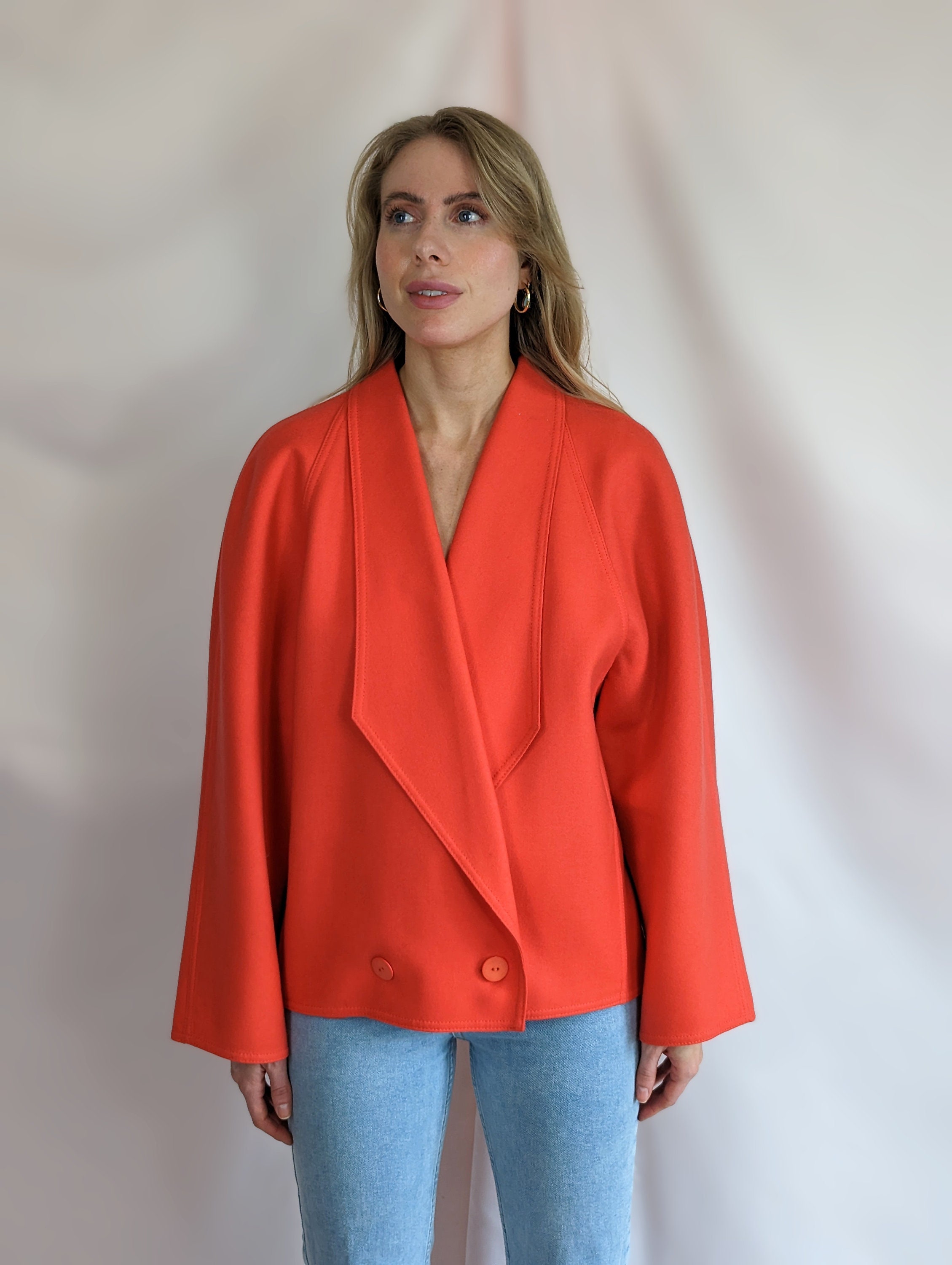 80s Vintage Bright Orange Power Shoulder Boxy Minimalist Tailored 100% ...