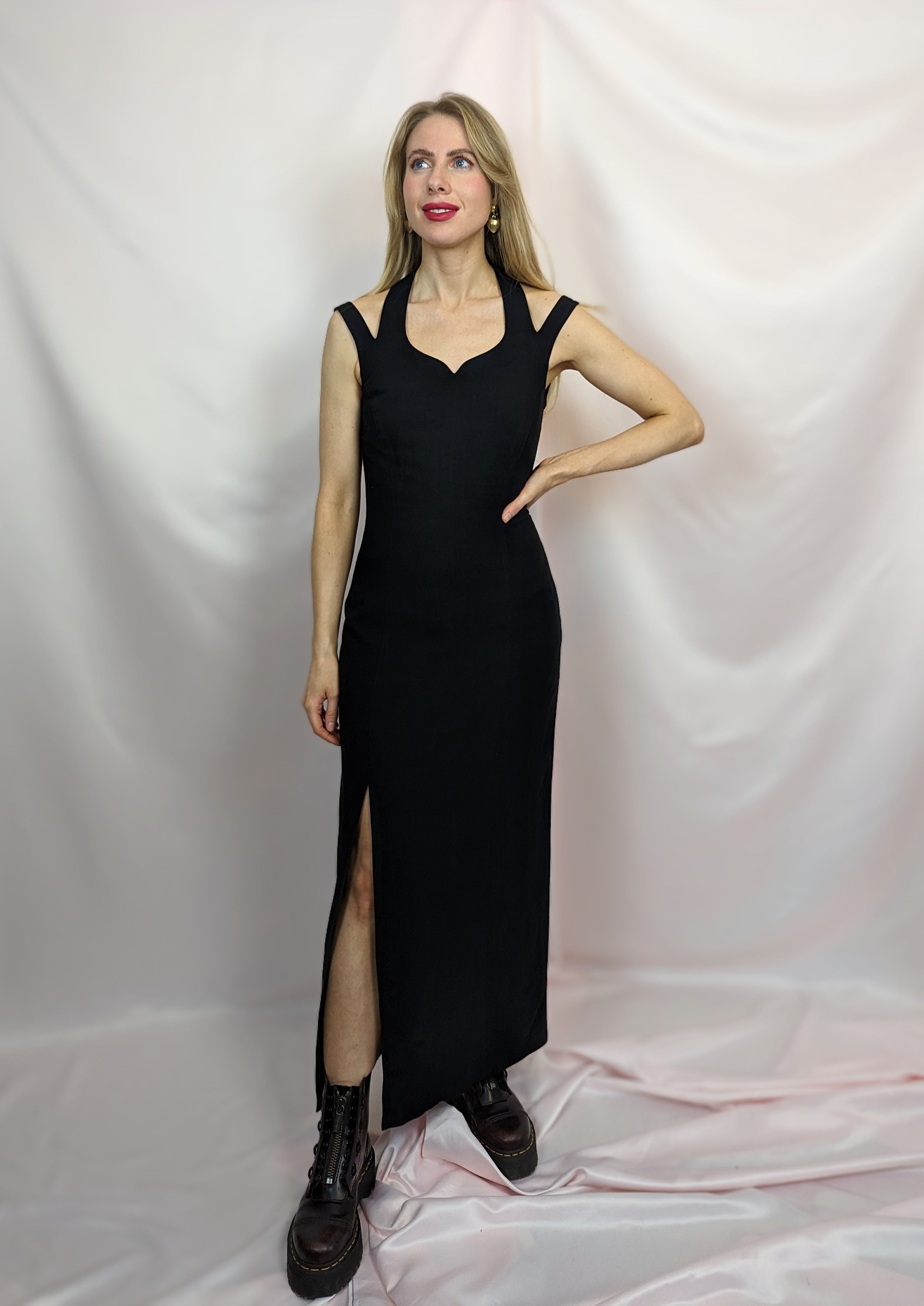 RARE Vintage 80s/90s Viscose & Linen Cut Out Neckline Maxi Fitted Black ...