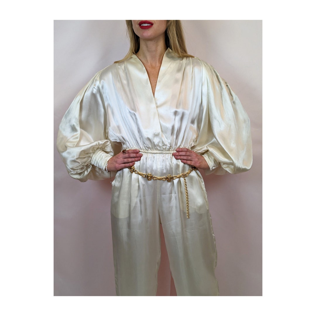 80s Satin Bishop Sleeve Statement Cream Satin Batwing Chic - Etsy