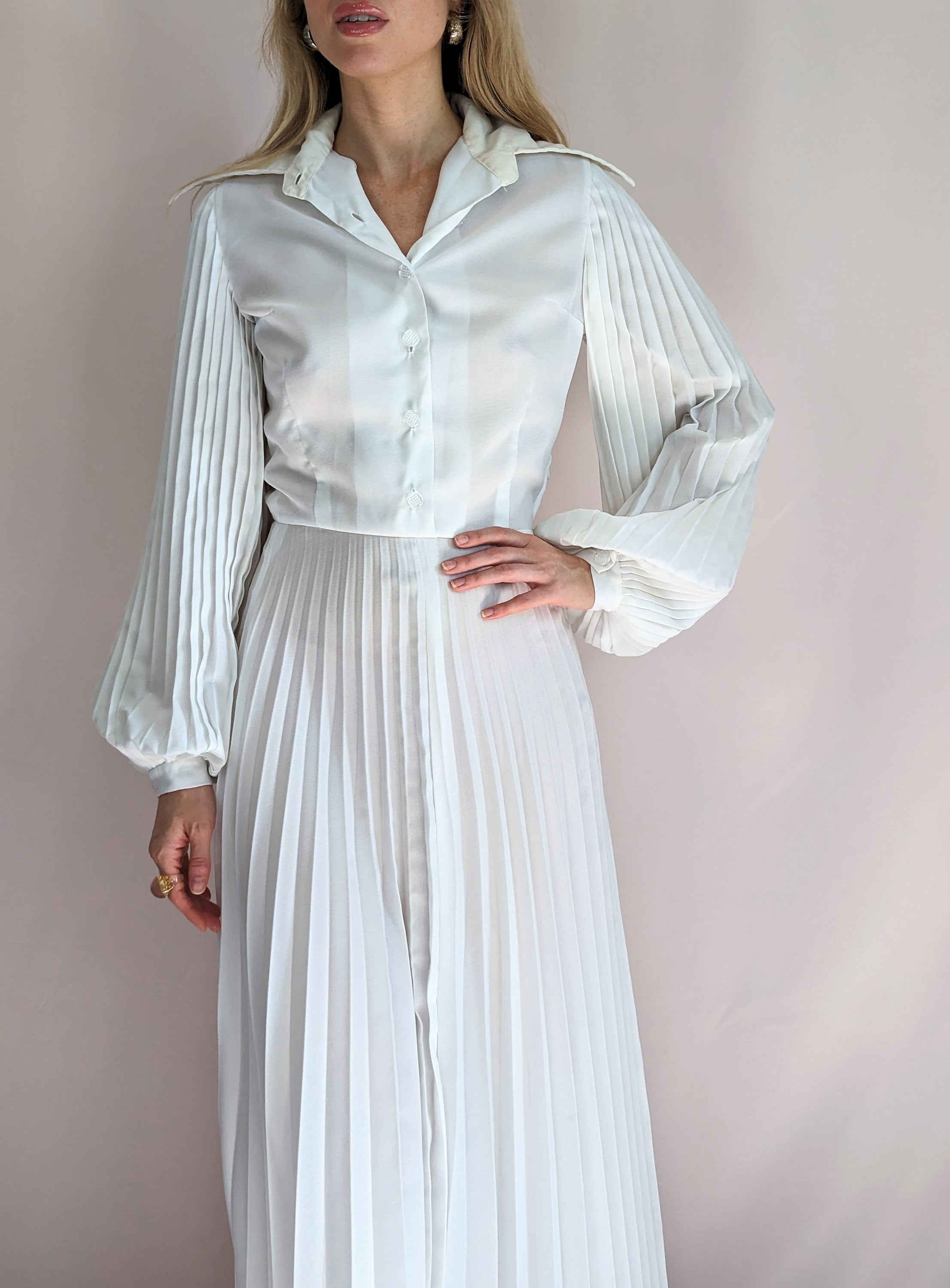 70s Vintage White Maxi Pleated Hostess Dress/ Long Bishop - Etsy