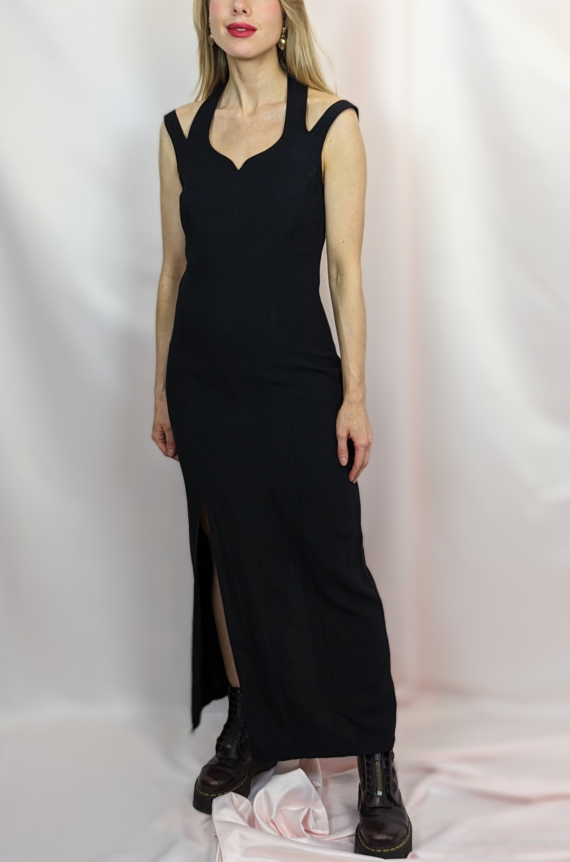 RARE Vintage 80s/90s Viscose & Linen Cut Out Neckline Maxi Fitted Black ...