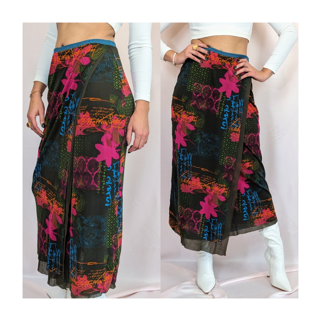 90s Kenzo Jeans Maxi Mesh Fitted Skirt/ Pencil/ Graffiti Print/ Bold ...