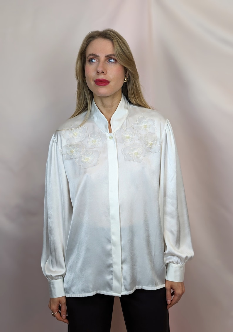 True Vintage 1980s Romantic White Satin Button up Blouse With Bishop Sleeves and Organza Floral ...