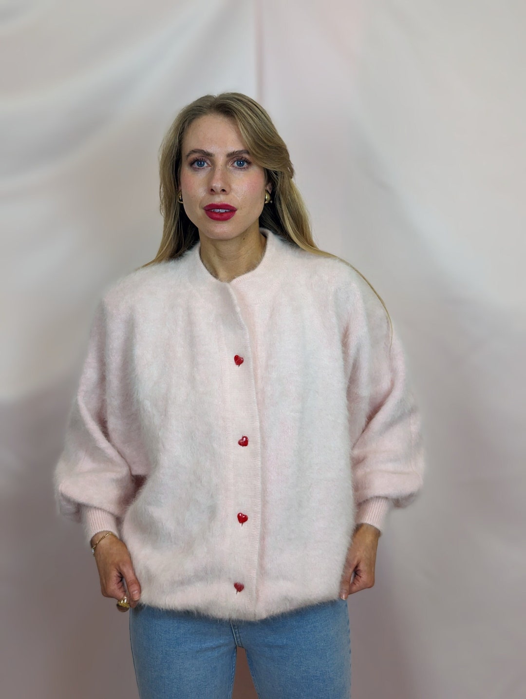 90s Vintage Oversize Pastel Baby Pink Angora Wool Cardigan With Heart ...