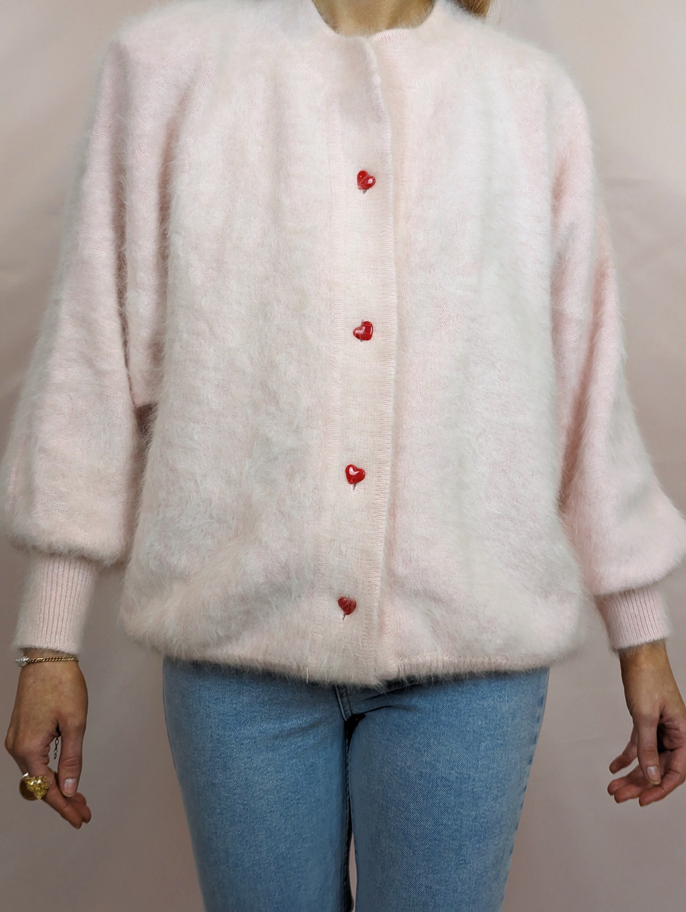 90s Vintage Oversize Pastel Baby Pink Angora Wool Cardigan With Heart ...