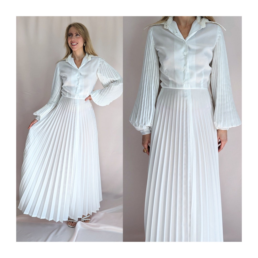 70s Vintage White Maxi Pleated Hostess Dress/ Long Bishop Sleeve ...