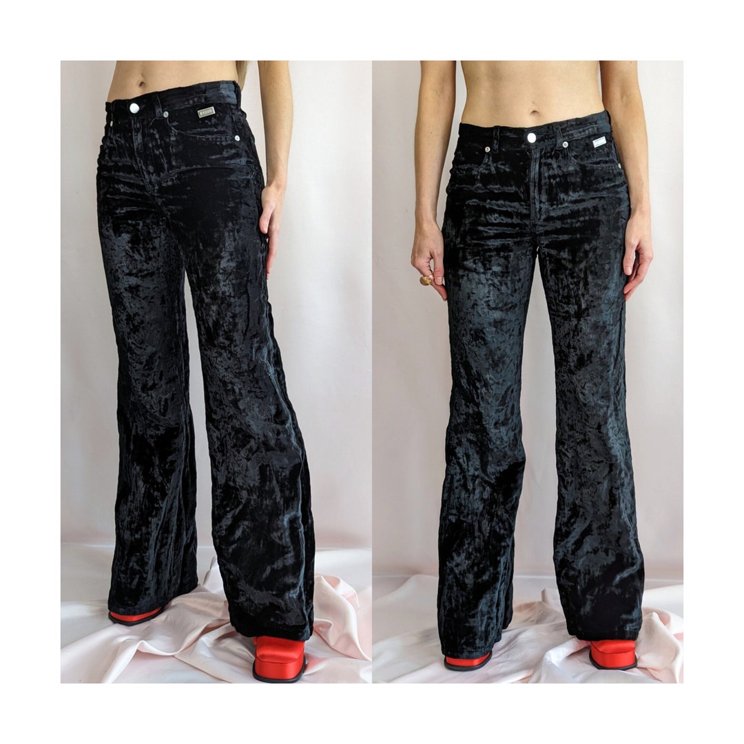 Y2k 00s Vintage Ferre Jeans Crushed Velvet Deep Black Flared Mid Rise ...