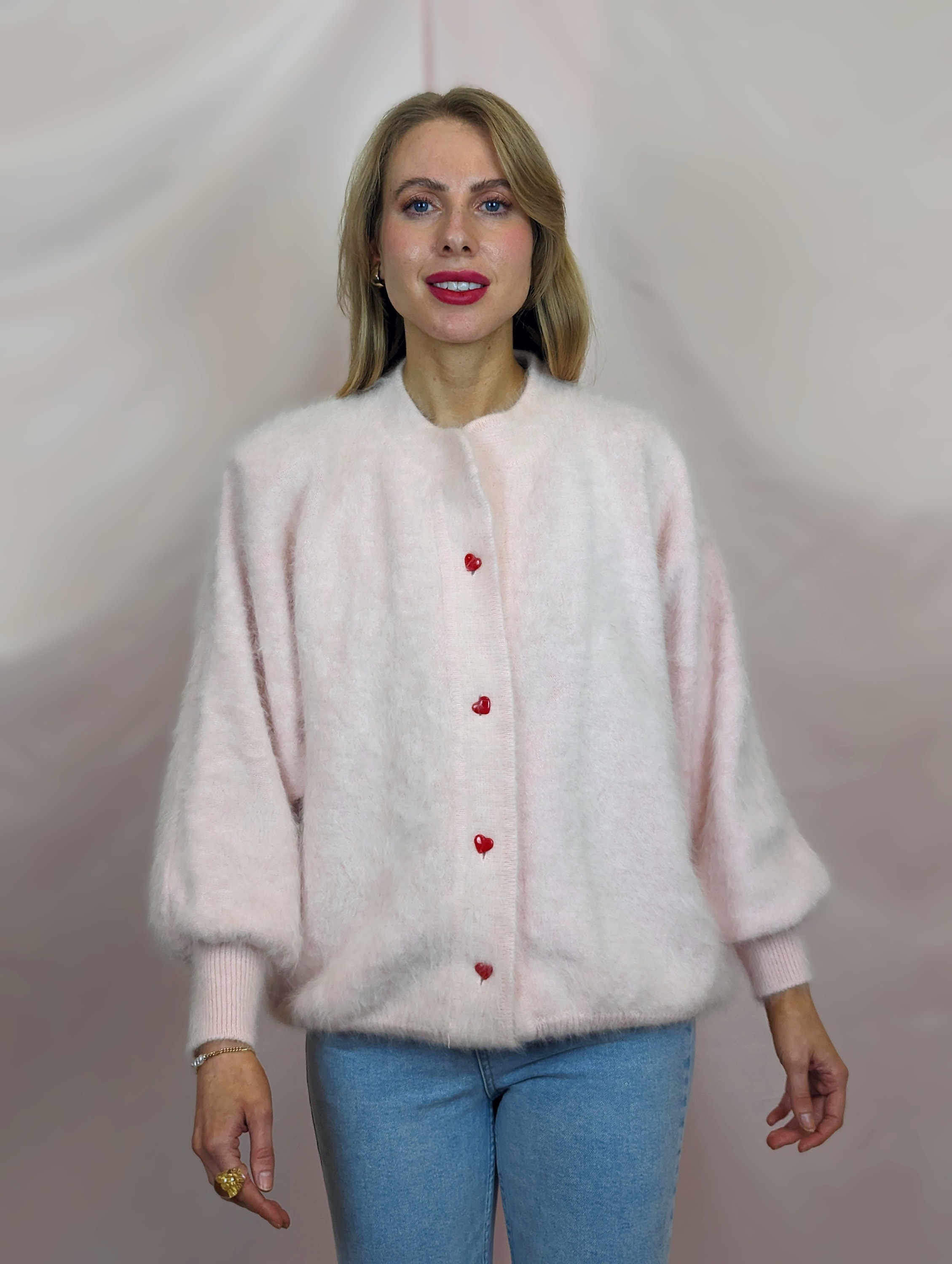 90s Vintage Oversize Pastel Baby Pink Angora Wool Cardigan With Heart ...