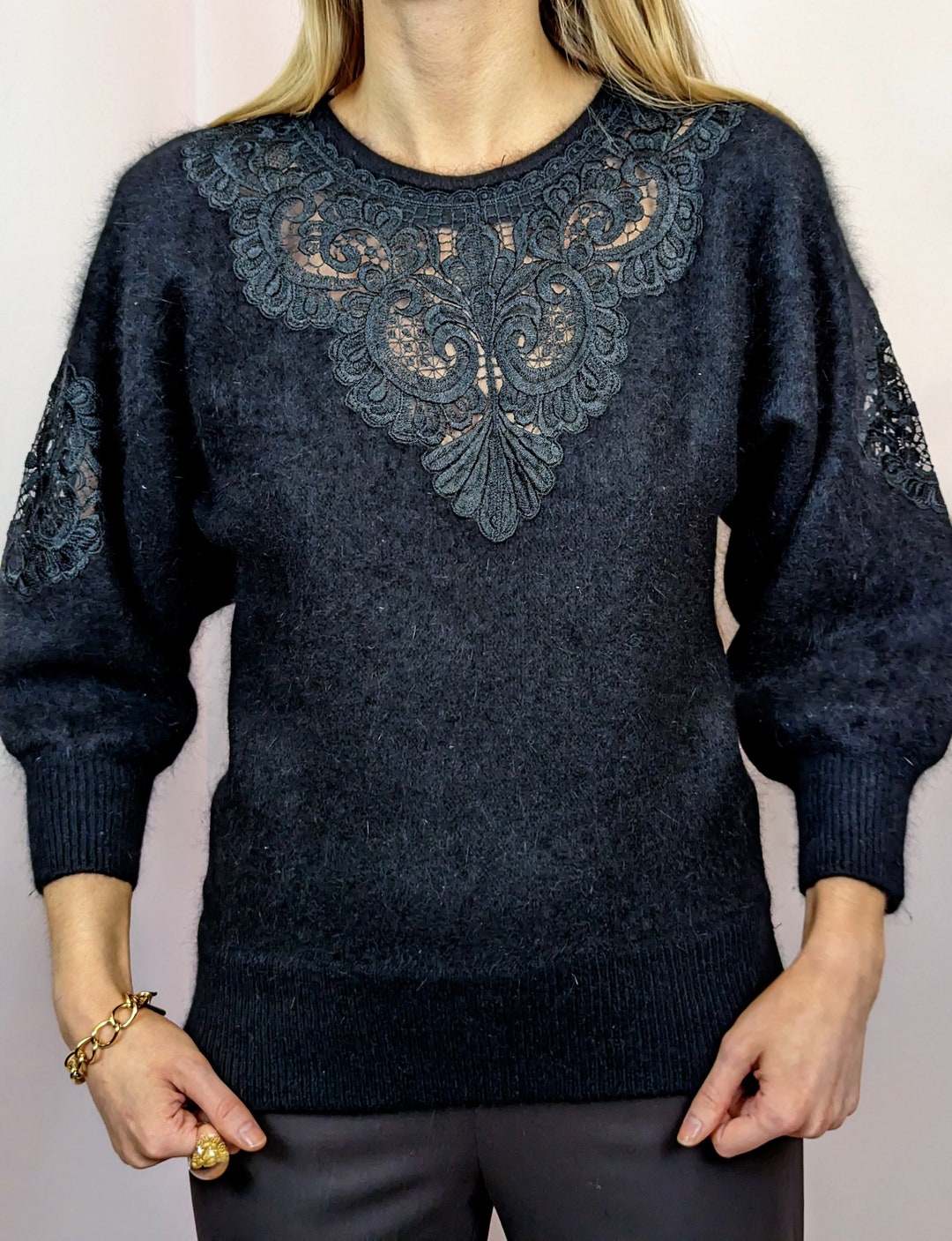 True Vintage 1990s Angora and Wool Black Soft Jumper 3/4 Sleeve With ...