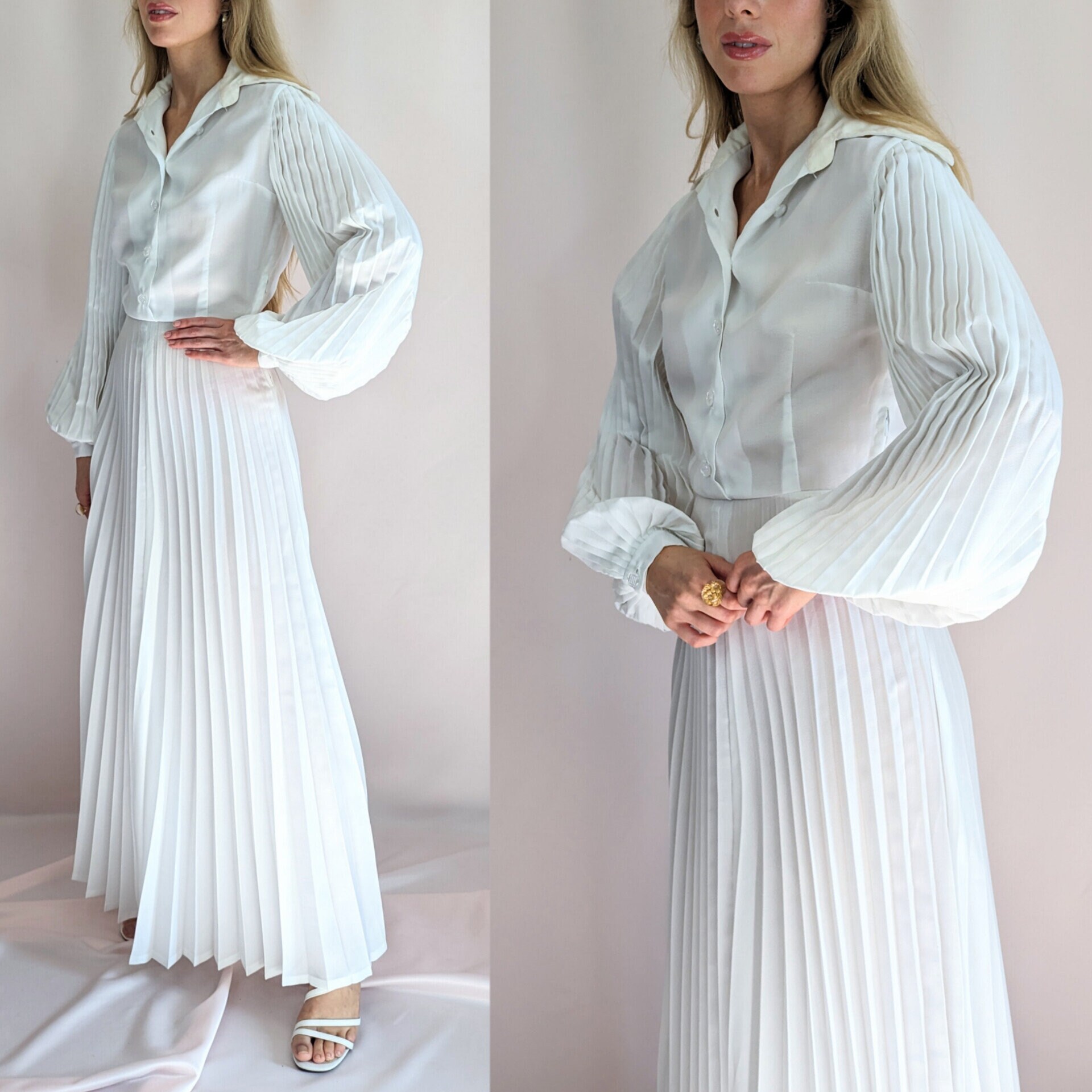 70s Vintage White Maxi Pleated Hostess Dress/ Long Bishop - Etsy