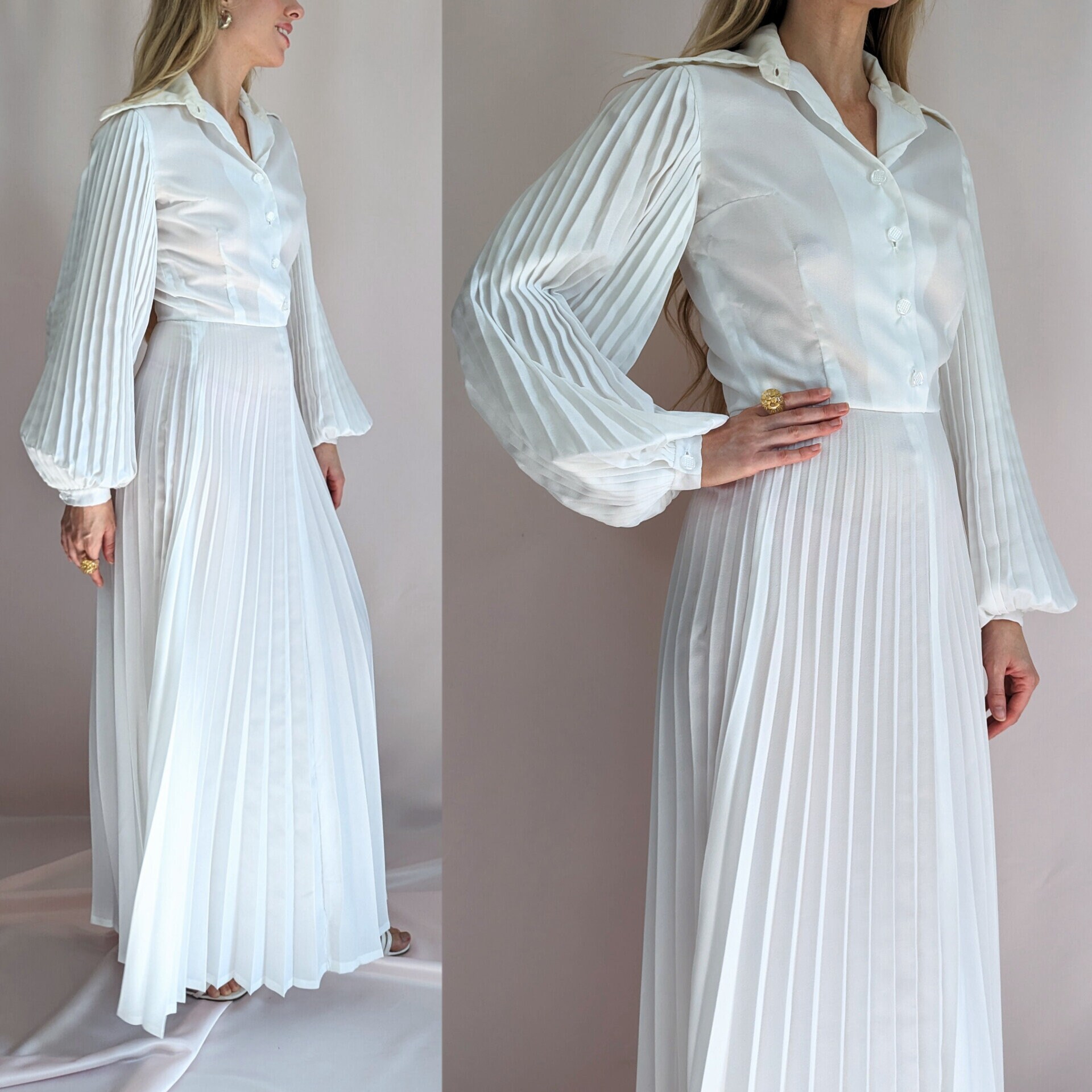 70s Vintage White Maxi Pleated Hostess Dress/ Long Bishop - Etsy