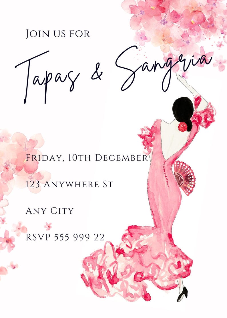 Flamenco Spanish Party Invitation Template Editable Floral Invite Tapas ...