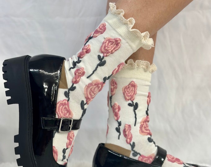 FLOWERS. Knit Lace Top Crew Sock - Eye Candy Sock Women, Fun Girly ...