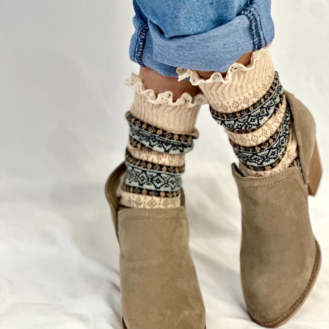 Nordic Lace Top Socks - Tan Acrylic Blend, Women's Fall Fashion - Etsy