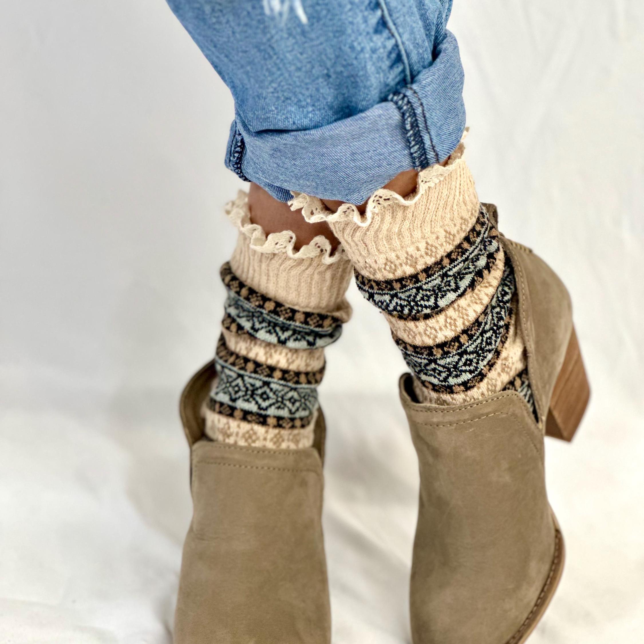 Nordic Lace Top Socks - Tan Acrylic Blend, Women's Fall Fashion - Etsy
