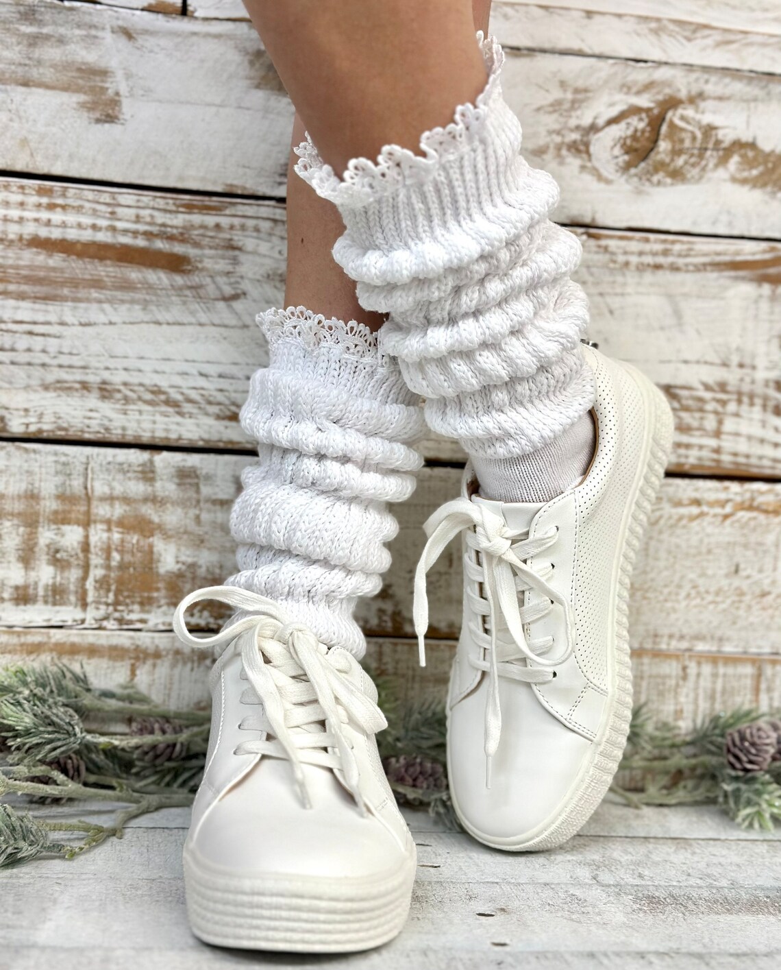 ULTIMATE LACE Topped Chunky WHITE Cotton Slouch Socks Women, Comfy ...