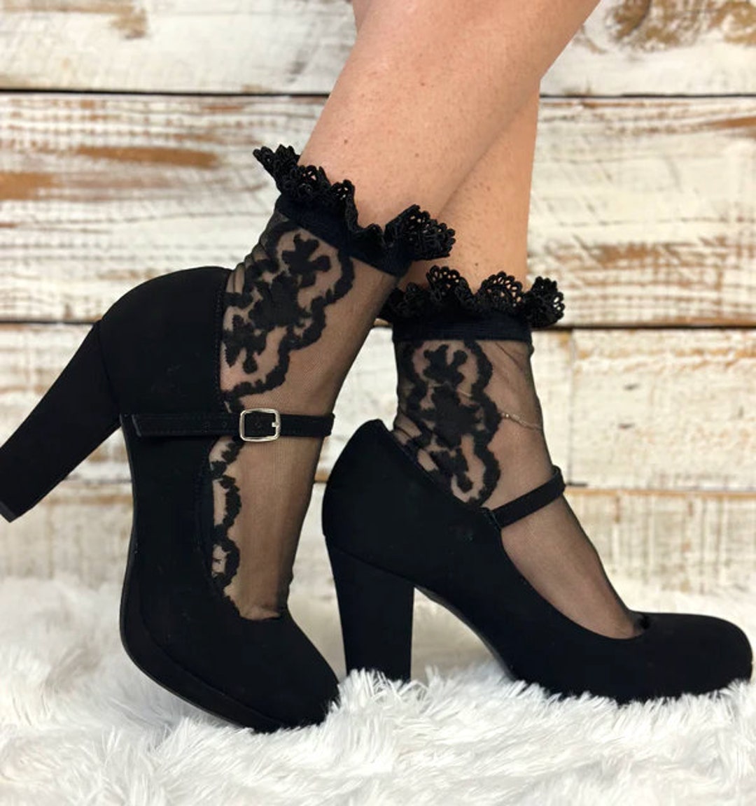 AVA Sheer Lace Top Sock for Heels Black Pretty Lace Ankle - Etsy