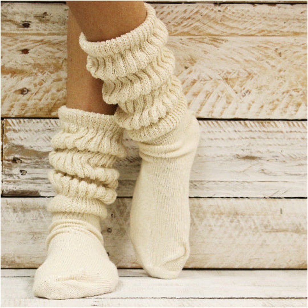 Super Thick Beige Cotton Ultimate Slouch Socks Women , Made USA, 90's Style Slouchy Hosiery ...