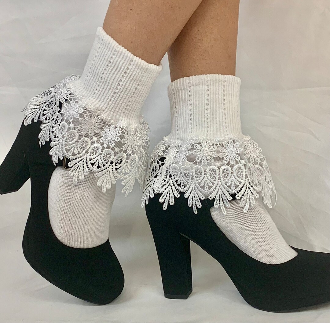 SIGNATURE Lace Cuff Socks - White USA MADE, Lace Socks Baby Doll, Girly ...