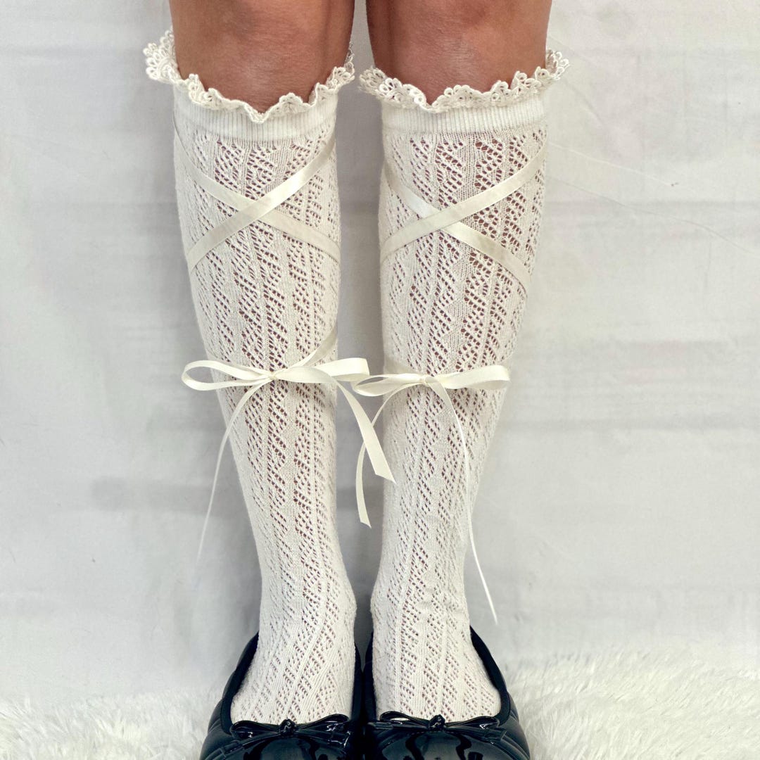 BALLET Ribbon Lace Crochet Knee Socks for Women, CREAM Cute Baby Doll ...