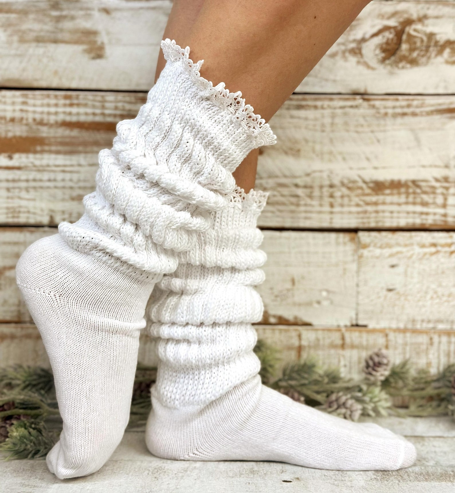 ULTIMATE Scrunchy LACE Topped Thick Cotton Chunky Slouch Socks - WHITE ...