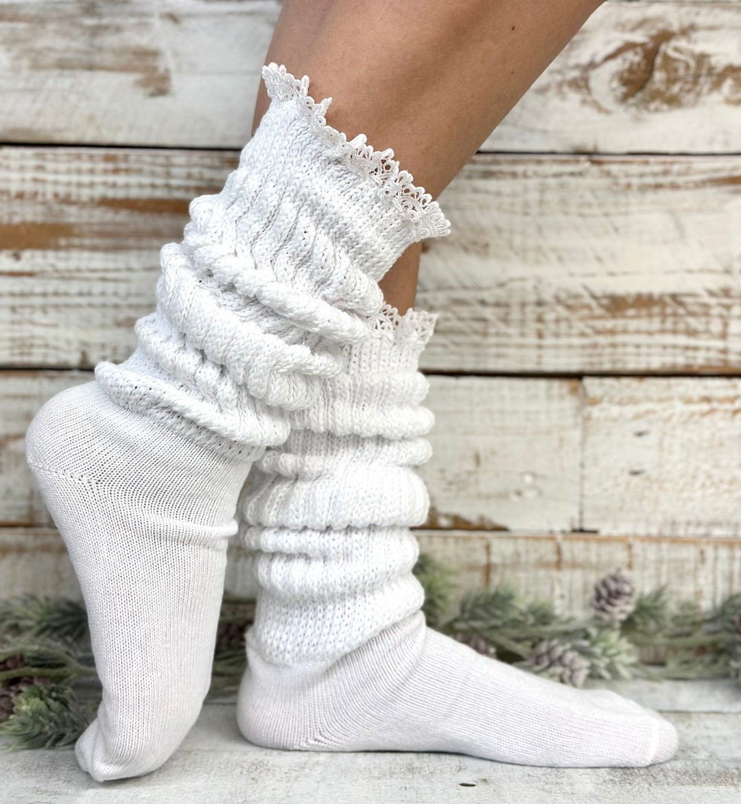 ULTIMATE LACE Topped Chunky WHITE Cotton Slouch Socks Women, Comfy ...