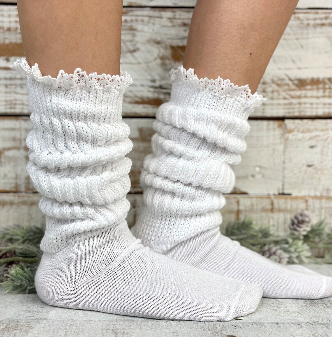 ULTIMATE LACE Topped Chunky WHITE Cotton Slouch Socks Women, Comfy ...