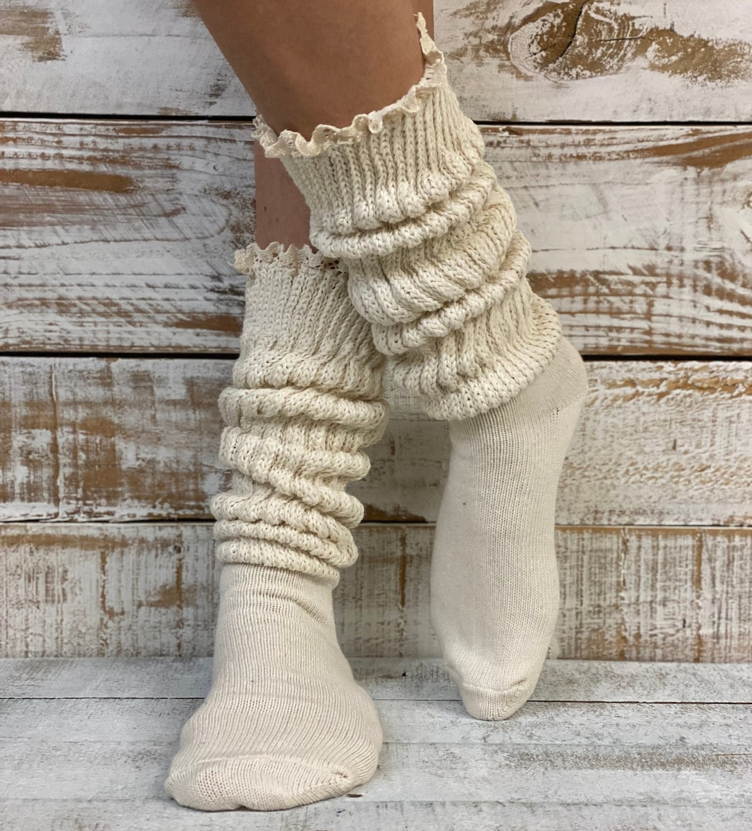 Comfortable Beige Cotton Lace Ultimate Slouch Socks Women , Made USA ...
