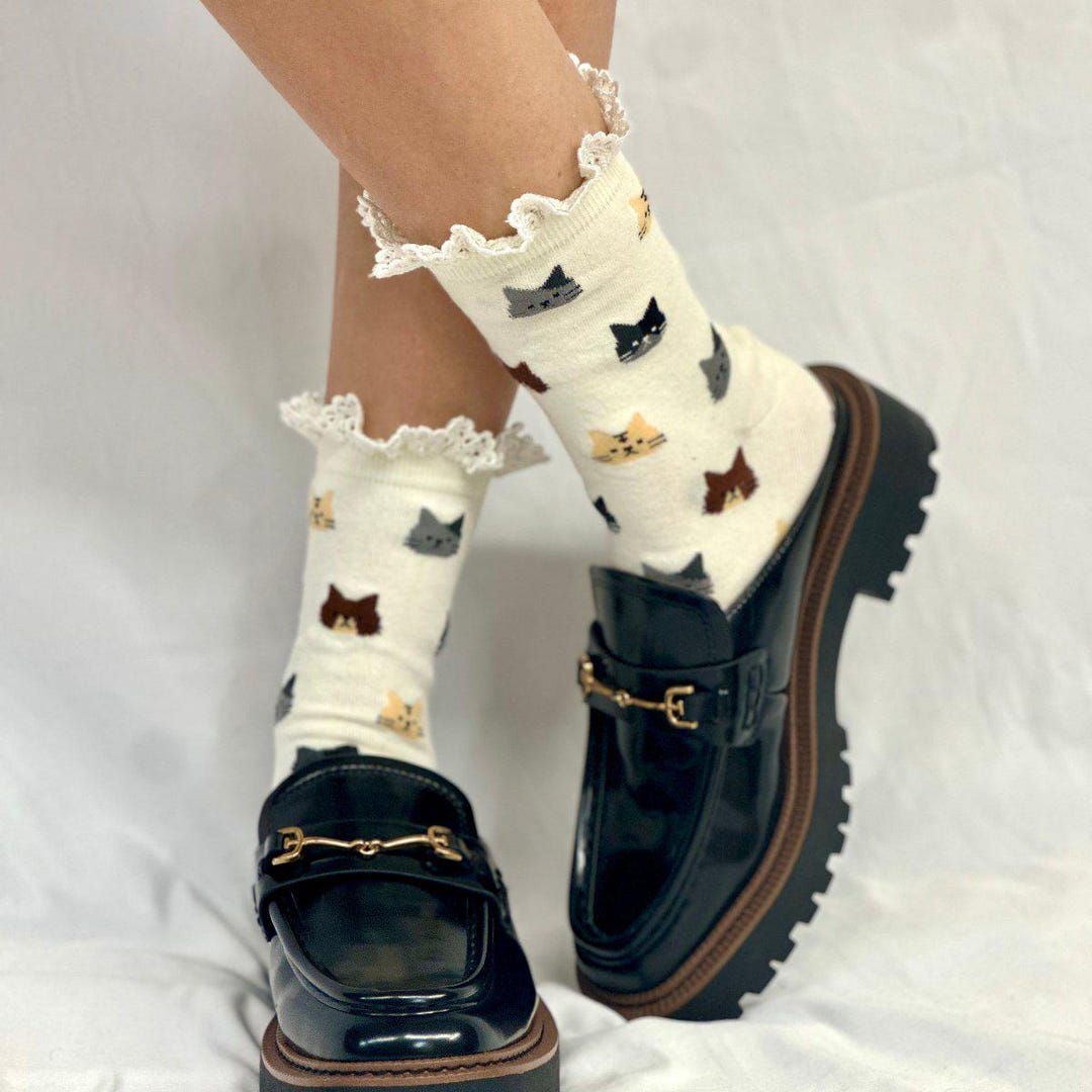 Cat Print Crew Socks, Lace Top Novelty Socks by Catherine Cole - Etsy