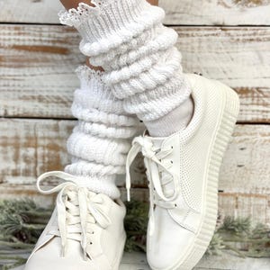 ULTIMATE Scrunchy LACE Topped Thick Cotton Chunky Slouch Socks - WHITE ...