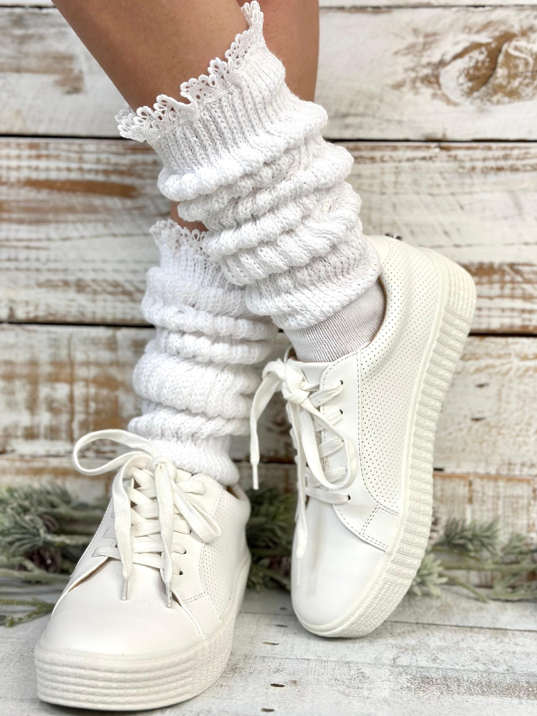 ULTIMATE Scrunchy LACE Topped Thick Cotton Chunky Slouch Socks - WHITE ...
