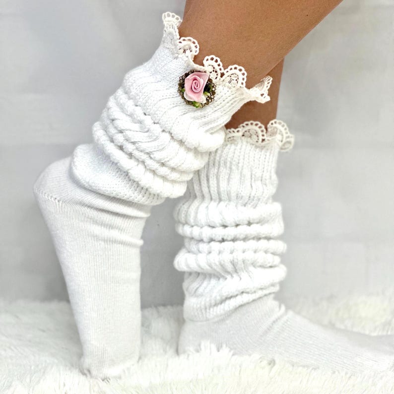 ULTIMATE Flower Pin Bling Slouch WHITE Socks Women, Embellished Chunky ...