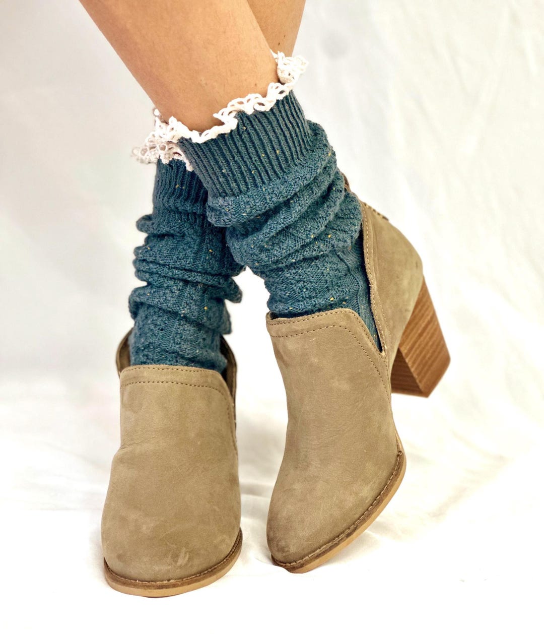 Slate Blue Lace Top Slouch Socks for Booties. Women's Fall Fashion ...