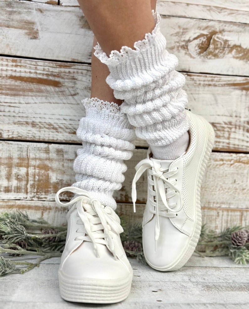 ULTIMATE Scrunchy LACE Topped Thick Cotton Chunky Slouch Socks - WHITE ...