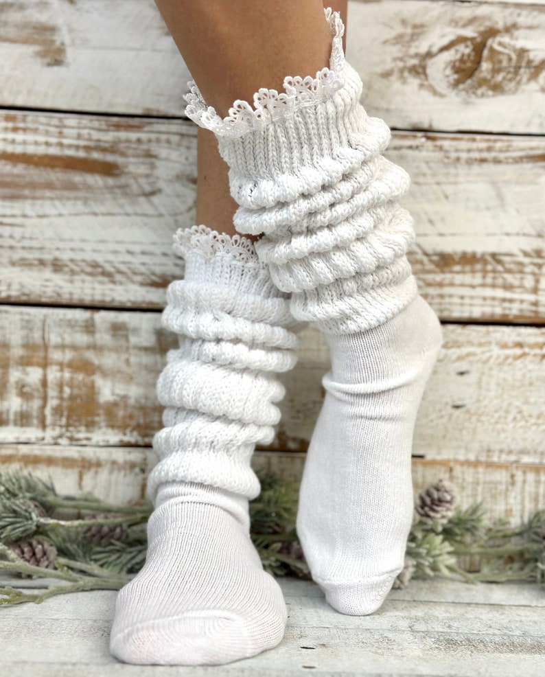 ULTIMATE Scrunchy LACE Topped Thick Cotton Chunky Slouch Socks - WHITE ...