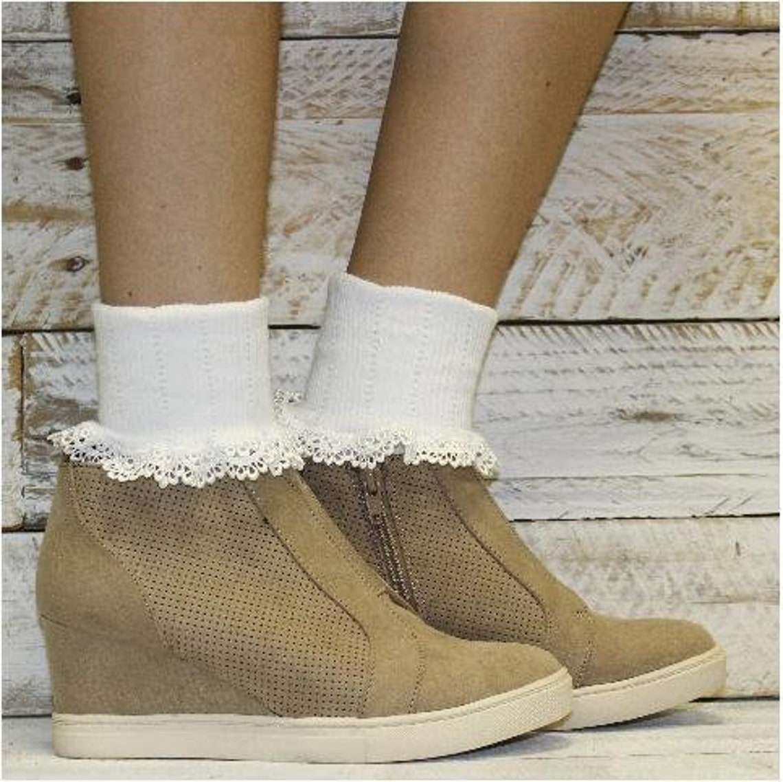 BOBBY Lace Cuff Ankle Socks - White USA MADE, Lace Socks Booties, Women ...