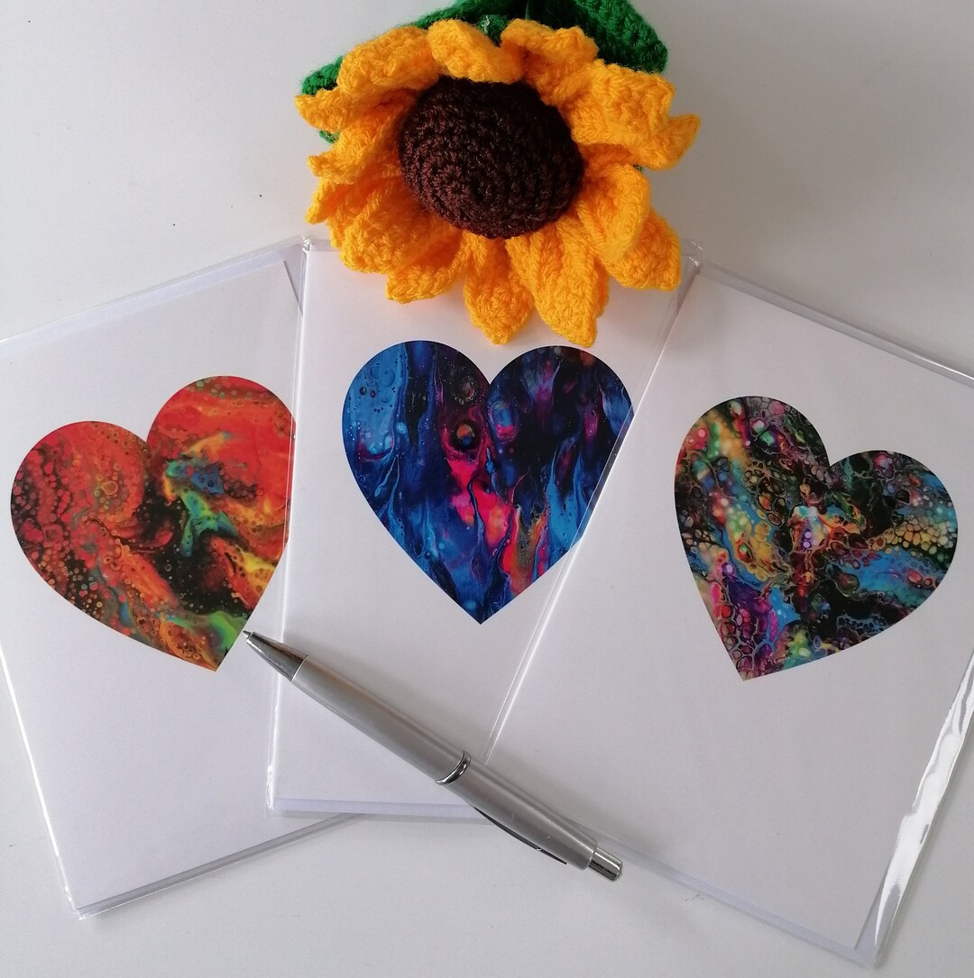 Liquid Art Love Heart Greeting Cards, 3 X A5 Blank Cards Thinking of ...