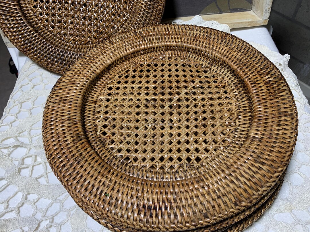 Set of 6 Vintage Rattan Wickerwork Underplates – Handmade Wicker – Ø 32 ...