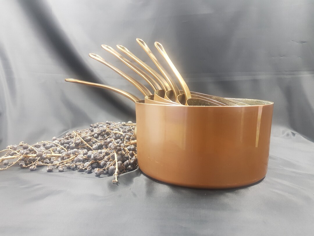 Vintage Set of 6 French, Red Copper Pans With Yellow Copper Handles ...