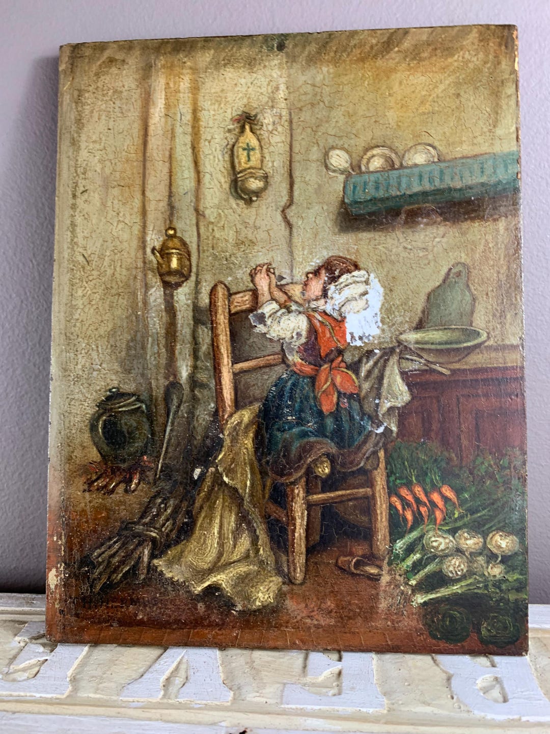 Sfeervol Vintage Paneel Met Schildering Van Een Biddend Kindje - Etsy