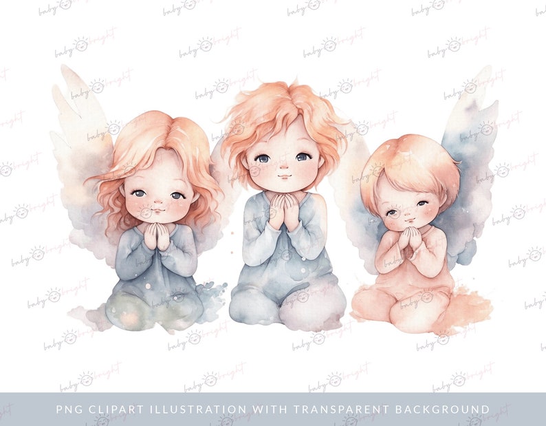 Clipart Illustration With Three Angels Praying, Watercolor Pastel ...
