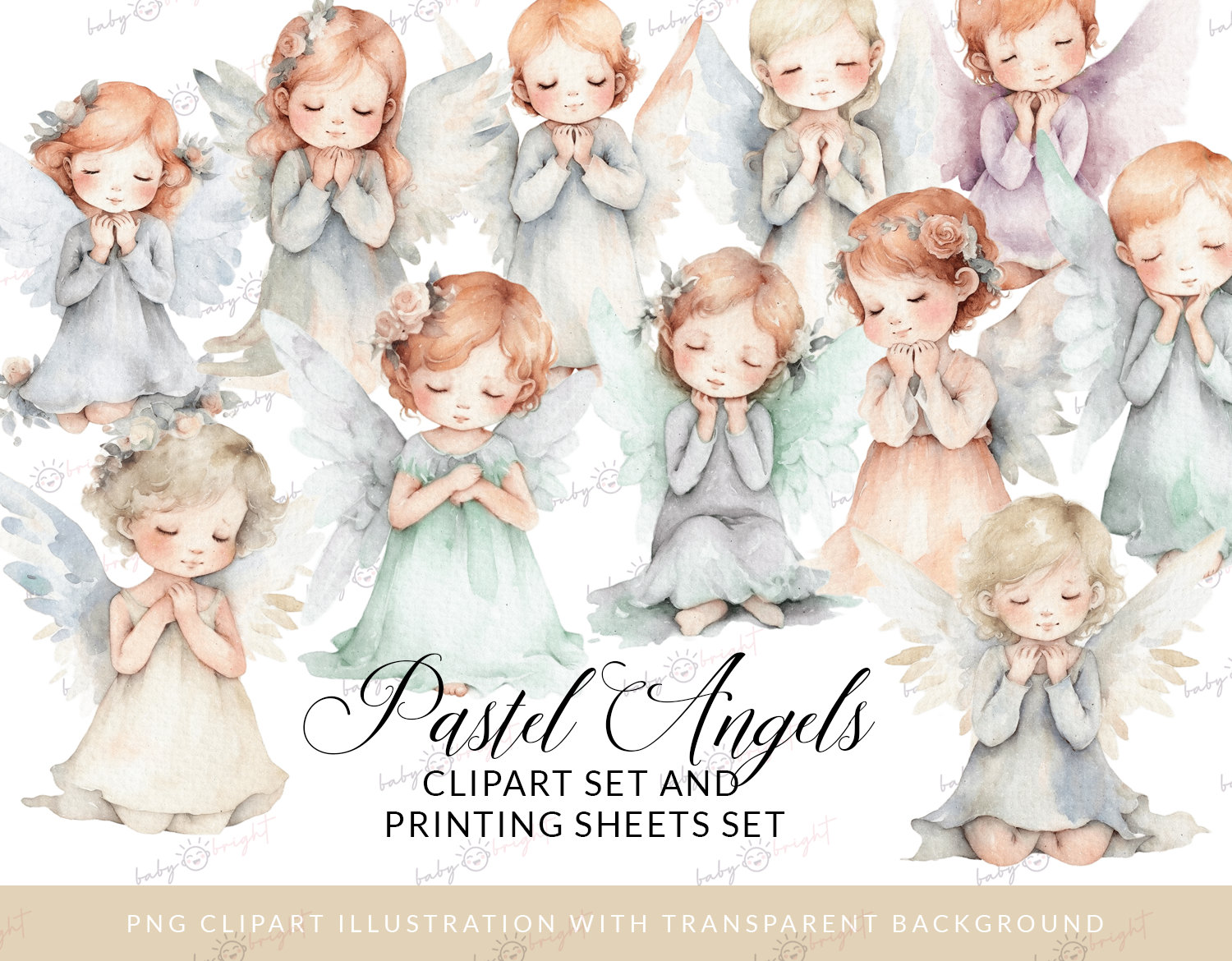 Set of Clipart Illustrations of Pastel Angels, Watercolor With Angels ...